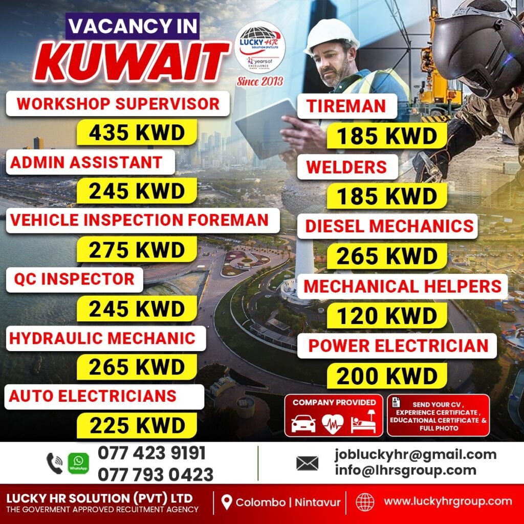 Vacancy in Kuwait ( 11 Vacancies ) – Lucky HR Solution Pvt Ltd