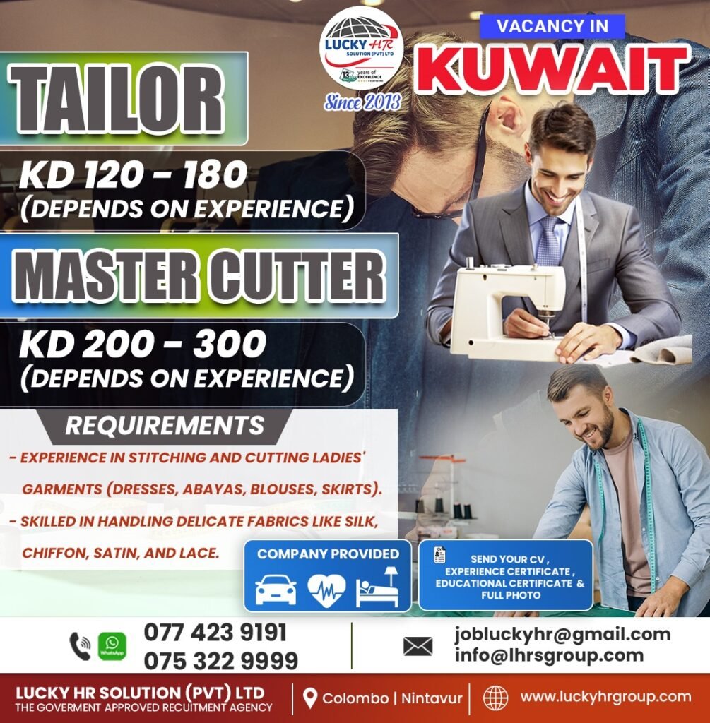 Vacancy in Kuwait ( Tailor & Master Cutter ) – Lucky HR Solution Pvt Ltd