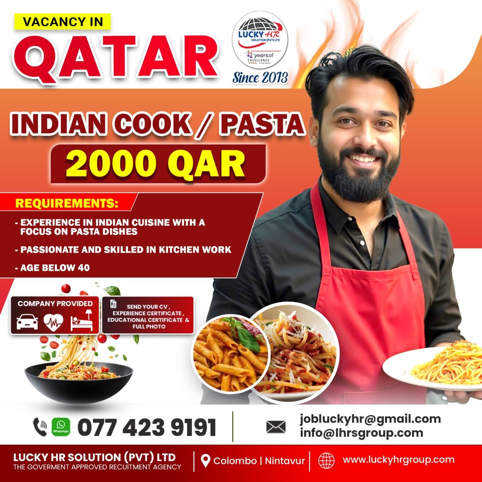 Vacancy in Qatar – Indian Cook / Pasta – Lucky HR Solution Pvt Ltd