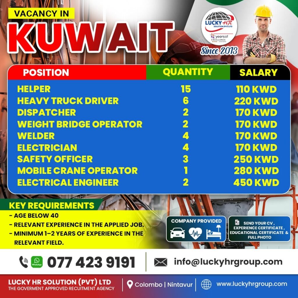 Vacancy in Kuwait – 9 Vacancies – Lucky HR Solution Pvt Ltd