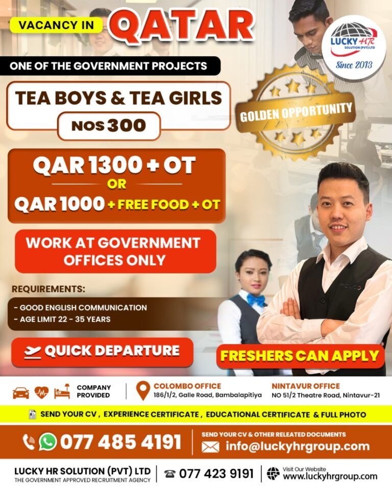 Vacancy in Qatar – TEA BOYS & TEA GIRLS – Lucky HR Solution Pvt Ltd